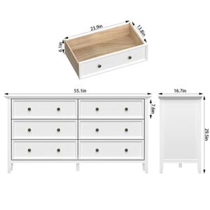 IKENO 6 Drawer Double Dresser, 55 inch Solid Wood Bedroom Dresser in White