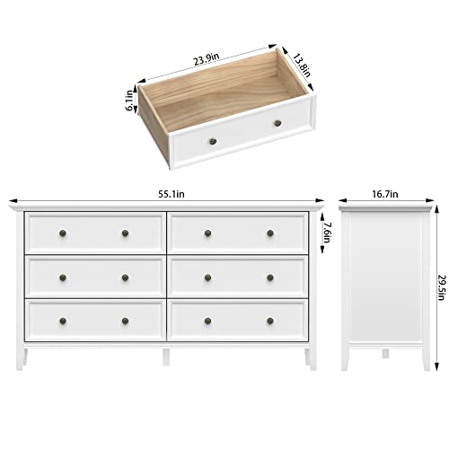 IKENO 6 Drawer Double Dresser, 55 inch Solid Wood Bedroom Dresser in White