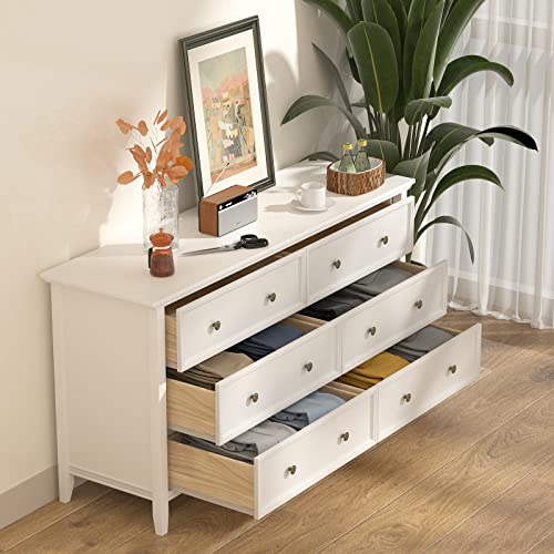 IKENO 6 Drawer Double Dresser, 55 inch Solid Wood Bedroom Dresser in White