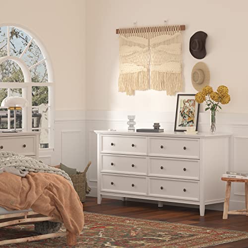 IKENO 6 Drawer Double Dresser, 55 inch Solid Wood Bedroom Dresser in White