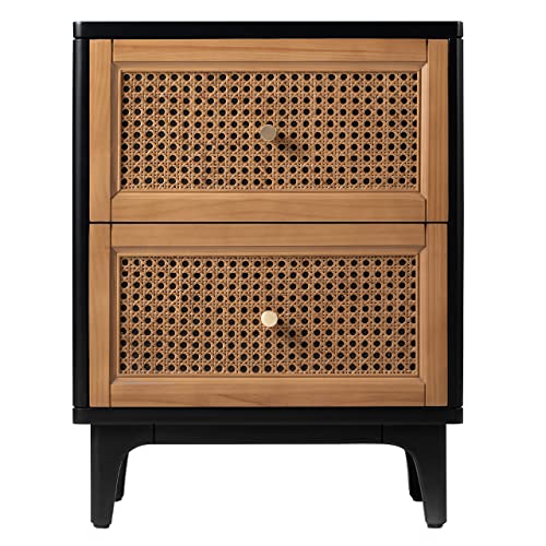 COZAYH Fully-Assembled 2-Drawer Woven Cane Front Accent Nightstand with Brass Knobs for Living Room, Bedroom, Black