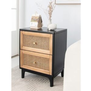 COZAYH Fully-Assembled 2-Drawer Woven Cane Front Accent Nightstand with Brass Knobs for Living Room, Bedroom, Black