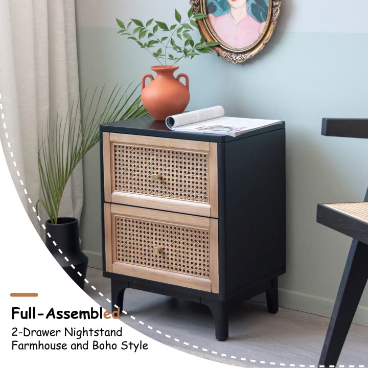 COZAYH Fully-Assembled 2-Drawer Woven Cane Front Accent Nightstand with Brass Knobs for Living Room, Bedroom, Black