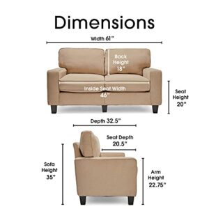 Serta Palisades Upholstered Sofas for Living Room Modern Design Couch, Straight Arms, Soft Fabric Upholstery, Tool-Free Assembly, 61" Loveseat, Sand Beige