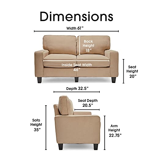 Serta Palisades Upholstered Sofas for Living Room Modern Design Couch, Straight Arms, Soft Fabric Upholstery, Tool-Free Assembly, 61" Loveseat, Sand Beige