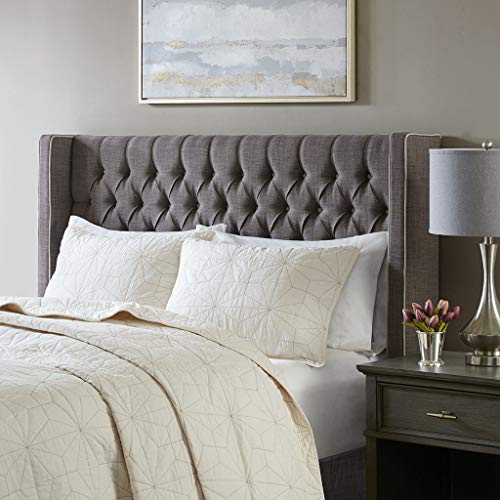 Madison Park Amelia Upholstered Nail Head Trim Wingback Button Tufted Headboard Modern Contemporary Metal Legs Padded Bedroom Décor Accent, Queen, Dark Grey