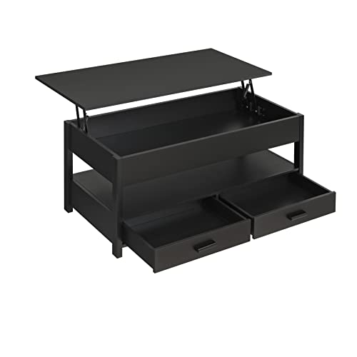 usikey Lift Top Coffee Table, Coffee Tables with 2 Storage Drawer and Hidden Compartment Open Shelf, Retro Wood Central Coffee Table with Lift Tabletop for Living Room, Black