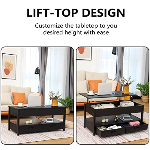 usikey Lift Top Coffee Table, Coffee Tables with 2 Storage Drawer and Hidden Compartment Open Shelf, Retro Wood Central Coffee Table with Lift Tabletop for Living Room, Black