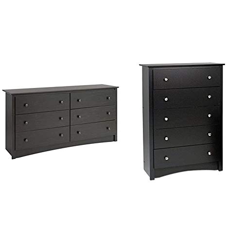 Prepac Sonoma 6-Drawer Double Dresser for Bedroom, 16" D x 59" W x 29" H, Washed Black & Sonoma 5-Drawer Chest for Bedroom, 16" D x 31.5" W x 45.25" H, Black