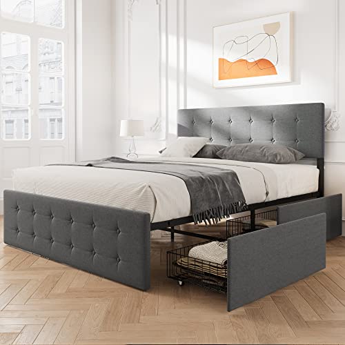 Alkmaar Upholstered Queen Size Platform Bed Frame with 4 Storage Drawers,Grey Queen Size Platform Bed Frame with Headboard and Wooden Slats Support,No Box Spring Needed (Queen)