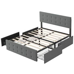 Alkmaar Upholstered Queen Size Platform Bed Frame with 4 Storage Drawers,Grey Queen Size Platform Bed Frame with Headboard and Wooden Slats Support,No Box Spring Needed (Queen)