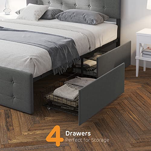 Alkmaar Upholstered Queen Size Platform Bed Frame with 4 Storage Drawers,Grey Queen Size Platform Bed Frame with Headboard and Wooden Slats Support,No Box Spring Needed (Queen)