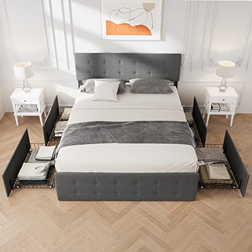 Alkmaar Upholstered Queen Size Platform Bed Frame with 4 Storage Drawers,Grey Queen Size Platform Bed Frame with Headboard and Wooden Slats Support,No Box Spring Needed (Queen)