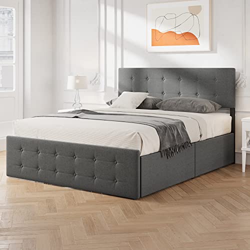 Alkmaar Upholstered Queen Size Platform Bed Frame with 4 Storage Drawers,Grey Queen Size Platform Bed Frame with Headboard and Wooden Slats Support,No Box Spring Needed (Queen)