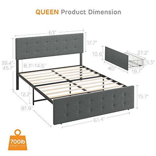 Alkmaar Upholstered Queen Size Platform Bed Frame with 4 Storage Drawers,Grey Queen Size Platform Bed Frame with Headboard and Wooden Slats Support,No Box Spring Needed (Queen)