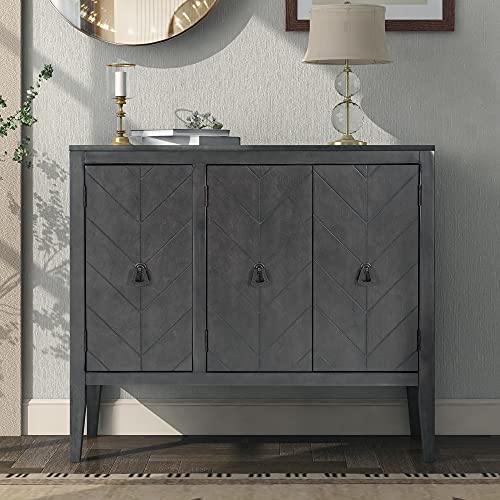 SLEERWAY Wooden Accent Storage Cabinet, Modern Console Table with Adjustable Shelf and 3 Antique Doors, Sideboard Buffet Storage Cabinet for Entryway, Living Room, Bedroom, Easy to Assemble (Gray)