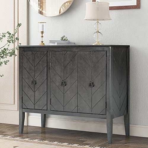 SLEERWAY Wooden Accent Storage Cabinet, Modern Console Table with Adjustable Shelf and 3 Antique Doors, Sideboard Buffet Storage Cabinet for Entryway, Living Room, Bedroom, Easy to Assemble (Gray)