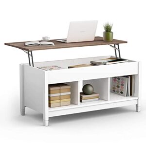 tangkula wood lift top coffee table, modern coffee table w/hidden compartment and open storage shelf for living room office reception room, lift coffee table (white)