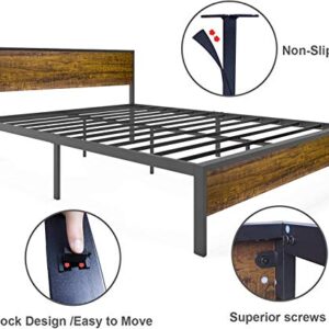 Weehom Queen Size Bed Frame with Wood Headboard Solid Wood Beds for Adults Strong Metal Slats Support Beds No Box Spring Needed Lock Design Brown