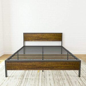 Weehom Queen Size Bed Frame with Wood Headboard Solid Wood Beds for Adults Strong Metal Slats Support Beds No Box Spring Needed Lock Design Brown