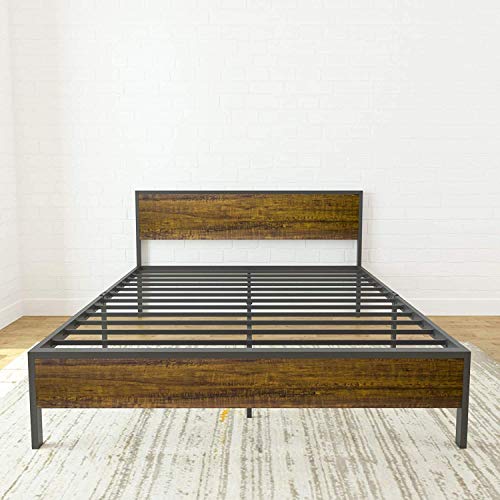 Weehom Queen Size Bed Frame with Wood Headboard Solid Wood Beds for Adults Strong Metal Slats Support Beds No Box Spring Needed Lock Design Brown