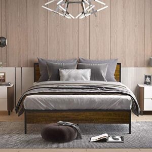 Weehom Queen Size Bed Frame with Wood Headboard Solid Wood Beds for Adults Strong Metal Slats Support Beds No Box Spring Needed Lock Design Brown