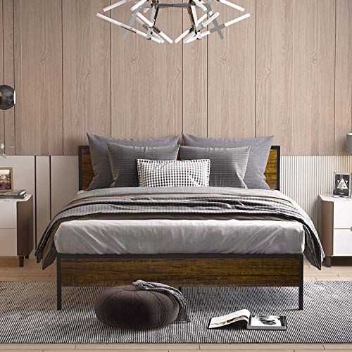 Weehom Queen Size Bed Frame with Wood Headboard Solid Wood Beds for Adults Strong Metal Slats Support Beds No Box Spring Needed Lock Design Brown