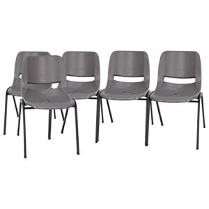 Flash Furniture Hercules Series 661 lb. Capacity Ergonomic Shell Stack Chairs 16'' Seat Height, 5 Pack, Gray Plastic/Black Frame