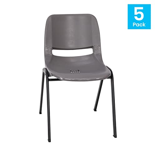 Flash Furniture Hercules Series 661 lb. Capacity Ergonomic Shell Stack Chairs 16'' Seat Height, 5 Pack, Gray Plastic/Black Frame