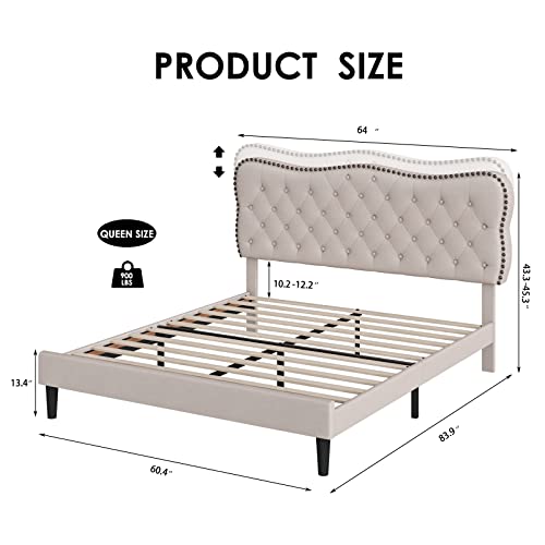 HOSTACK Queen Size Bed Frame, Linen Fabric Upholstered Platform Bed Frame with Adjustable Headboard, Diamond Tufted Mattress Foundation with Wood Slats, Easy Assembly, No Box Spring Needed, Beige