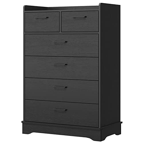 Hasuit Black 6 Drawer Dresser, Wooden Storage Chest of Drawers, Vertical Large Capacity Clothing Storage Organizer, Tall Dressers for Bedroom, Hallway, Entryway