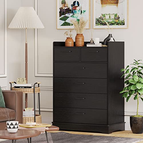 Hasuit Black 6 Drawer Dresser, Wooden Storage Chest of Drawers, Vertical Large Capacity Clothing Storage Organizer, Tall Dressers for Bedroom, Hallway, Entryway