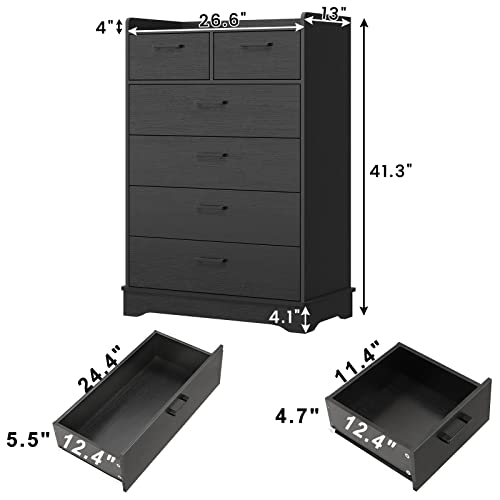 Hasuit Black 6 Drawer Dresser, Wooden Storage Chest of Drawers, Vertical Large Capacity Clothing Storage Organizer, Tall Dressers for Bedroom, Hallway, Entryway