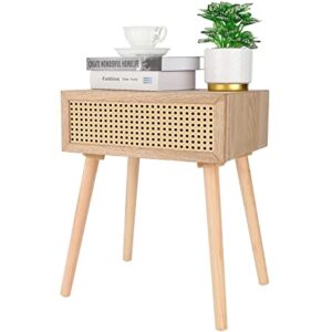 Rattan Nightstand with Drawer, Bedside Table, End Table with Storage, Modern Boho Nightstands, Mid-Century Coffee Table, Small Side Tables for Living Room Bedroom Office Balcony (Natural Walnut)