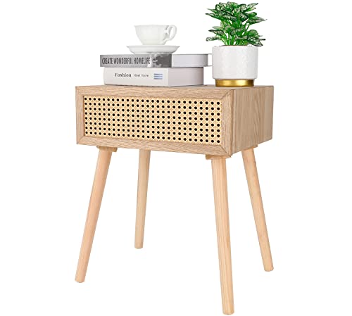 Rattan Nightstand with Drawer, Bedside Table, End Table with Storage, Modern Boho Nightstands, Mid-Century Coffee Table, Small Side Tables for Living Room Bedroom Office Balcony (Natural Walnut)