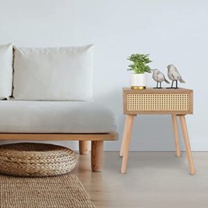 Rattan Nightstand with Drawer, Bedside Table, End Table with Storage, Modern Boho Nightstands, Mid-Century Coffee Table, Small Side Tables for Living Room Bedroom Office Balcony (Natural Walnut)