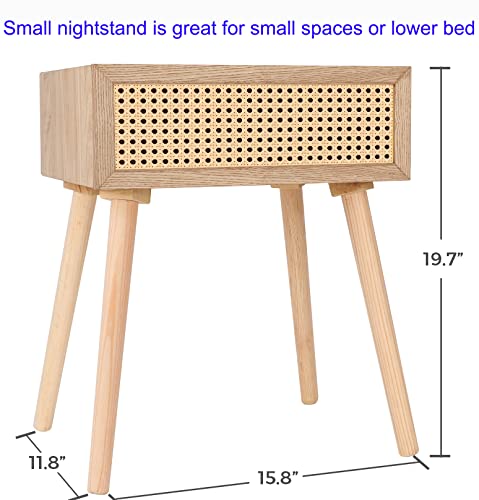 Rattan Nightstand with Drawer, Bedside Table, End Table with Storage, Modern Boho Nightstands, Mid-Century Coffee Table, Small Side Tables for Living Room Bedroom Office Balcony (Natural Walnut)