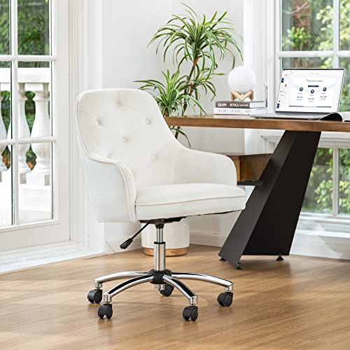 glitzhome Mid Century Office Desk Swivel Chair, Thick Velvet Task Chair, Adjustable Reception Chair, Low Back Rolling Armchair Modern Cute Vanity Desk Chair for Girls, for Living Room Bedroom, White