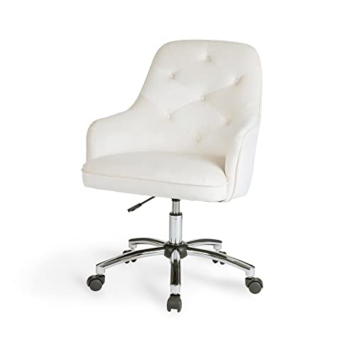 glitzhome Mid Century Office Desk Swivel Chair, Thick Velvet Task Chair, Adjustable Reception Chair, Low Back Rolling Armchair Modern Cute Vanity Desk Chair for Girls, for Living Room Bedroom, White