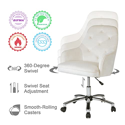 glitzhome Mid Century Office Desk Swivel Chair, Thick Velvet Task Chair, Adjustable Reception Chair, Low Back Rolling Armchair Modern Cute Vanity Desk Chair for Girls, for Living Room Bedroom, White