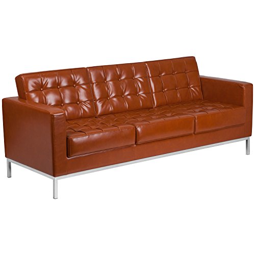 Flash Furniture HERCULES Lacey Series Contemporary Cognac LeatherSoft Sofa with Stainless Steel Frame