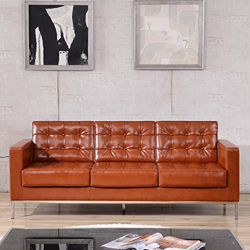 Flash Furniture HERCULES Lacey Series Contemporary Cognac LeatherSoft Sofa with Stainless Steel Frame