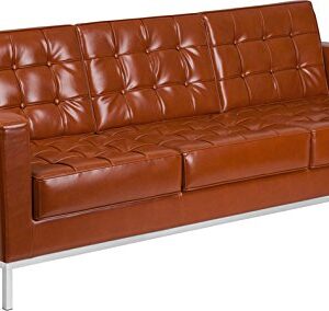 Flash Furniture HERCULES Lacey Series Contemporary Cognac LeatherSoft Sofa with Stainless Steel Frame