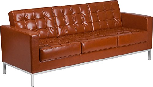 Flash Furniture HERCULES Lacey Series Contemporary Cognac LeatherSoft Sofa with Stainless Steel Frame