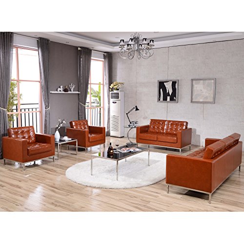 Flash Furniture HERCULES Lacey Series Contemporary Cognac LeatherSoft Sofa with Stainless Steel Frame