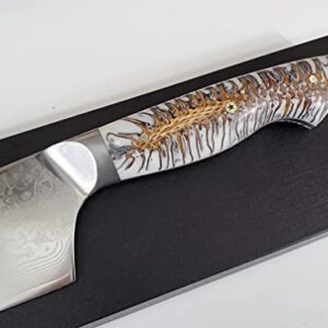 Custom VG10 Damascus chef knife Hybrid Santoku 9" White Silver cast pine cone handle, kitchen knife w/ 67 layer SS Damascus (White SIlver)