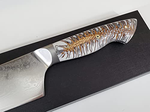 Custom VG10 Damascus chef knife Hybrid Santoku 9" White Silver cast pine cone handle, kitchen knife w/ 67 layer SS Damascus (White SIlver)