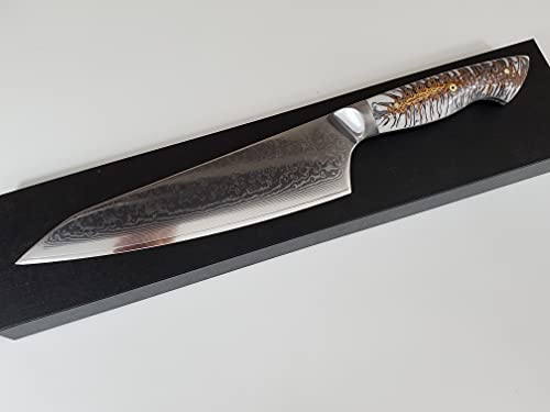 Custom VG10 Damascus chef knife Hybrid Santoku 9" White Silver cast pine cone handle, kitchen knife w/ 67 layer SS Damascus (White SIlver)