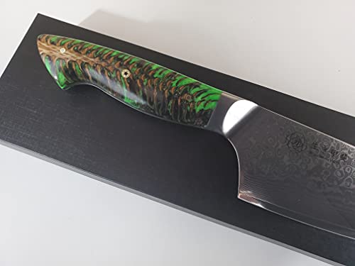 Custom VG10 Damascus chef knife Hybrid Santoku 9" White Silver cast pine cone handle, kitchen knife w/ 67 layer SS Damascus (White SIlver)