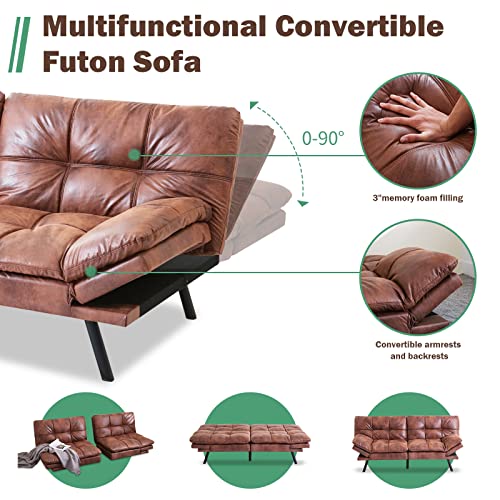 Opoiar Futon Sofa Bed,Lounge Memory Foam Sleeper Couch Room,Convertible Loveseat for Compact Living Spaces Studio Apartment,Dorm,Home Office,71"-Brown-Faux Leather-Thicker versio, 713331.5